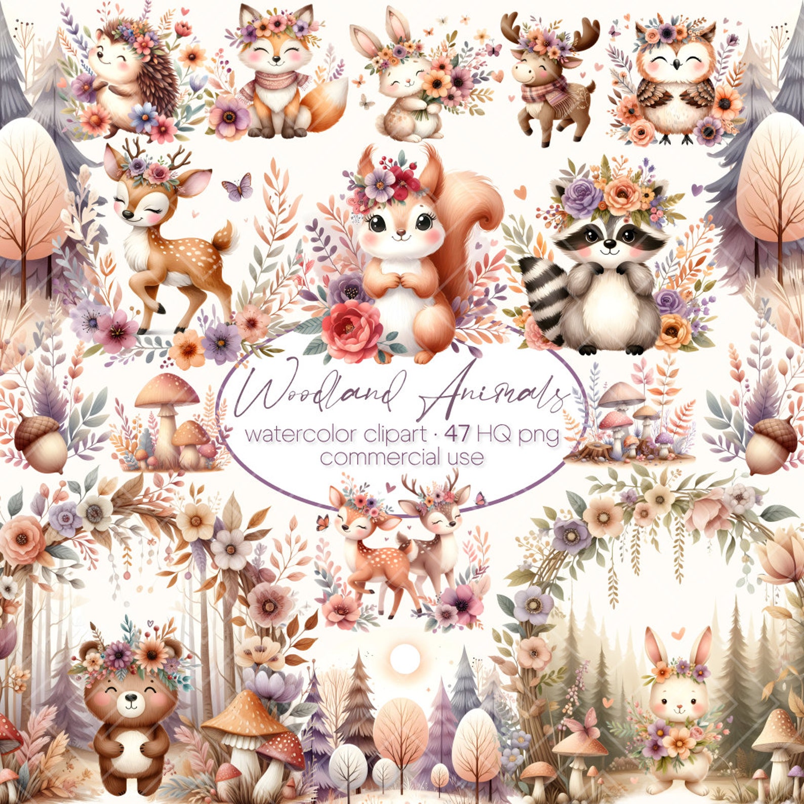 Boho Woodland Animals Clipart Watercolor Bundle, Watercolor Animals ...