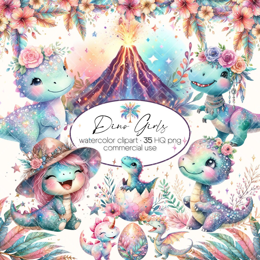 Dino Girls Clipart, Watercolor Dinosaur Clipart, Dinosaur Clipart ...