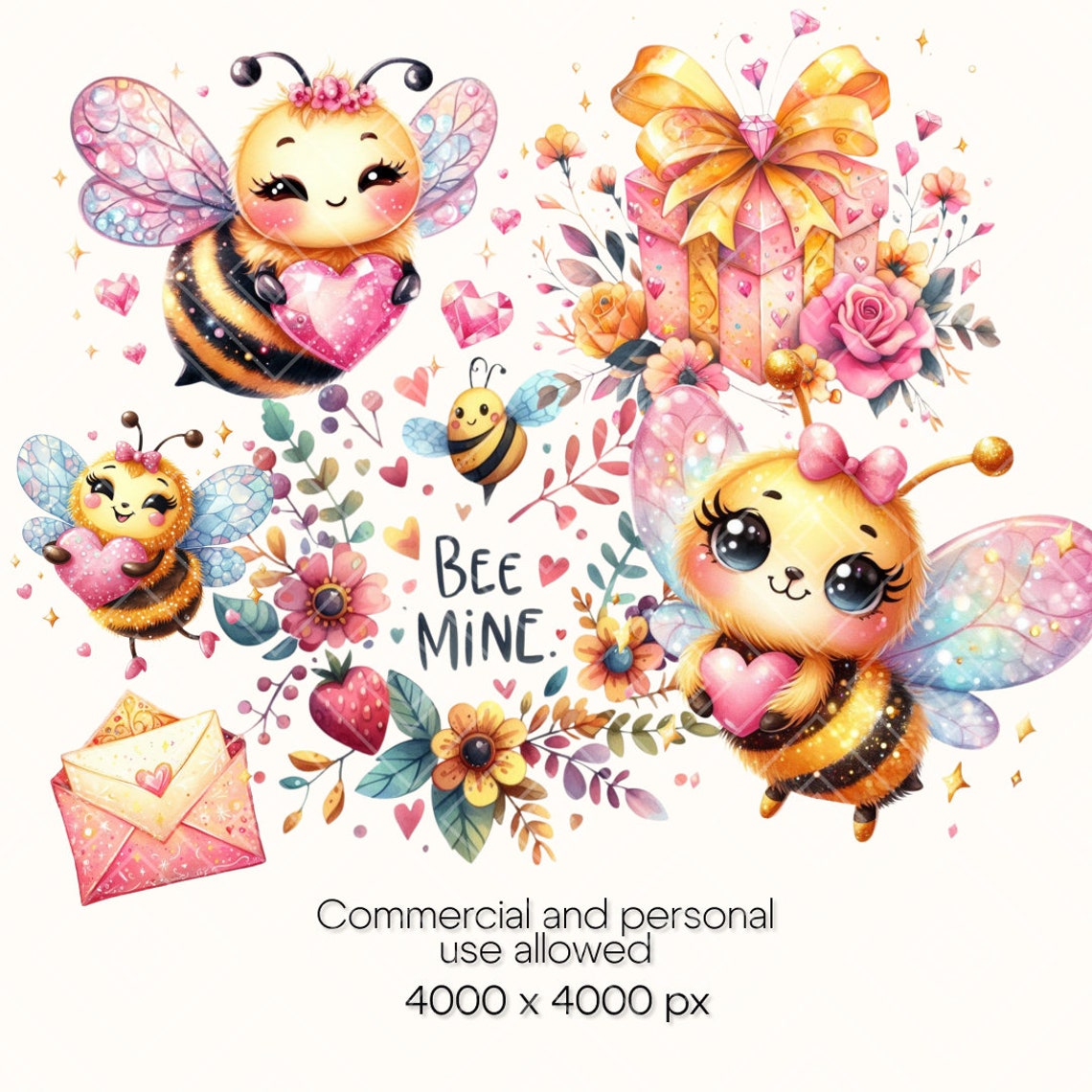 Watercolor Happy Valentines Day Clipart, Bee My Valentine Clipart ...