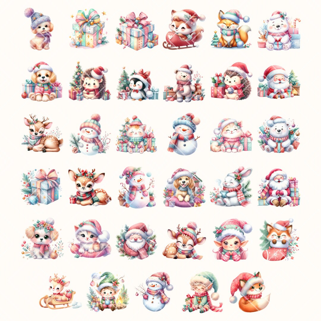 Christmas Animals Watercolor Clipart Bundle, Cute Watercolor Christmas ...