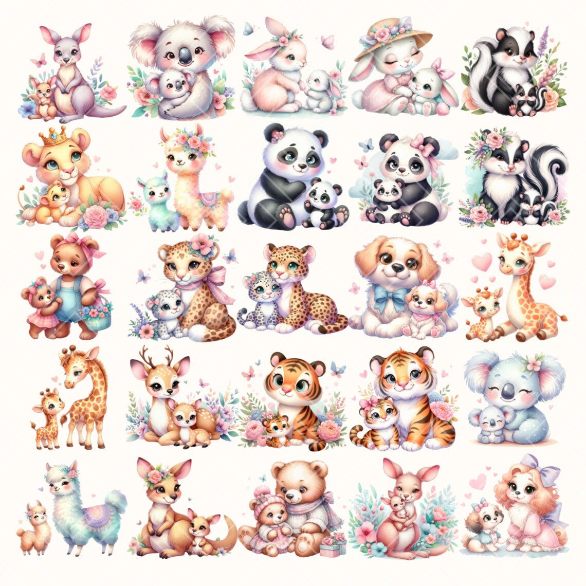 Watercolor Mama and Baby Animal Clipart, Mother's Day Clipart, Baby ...