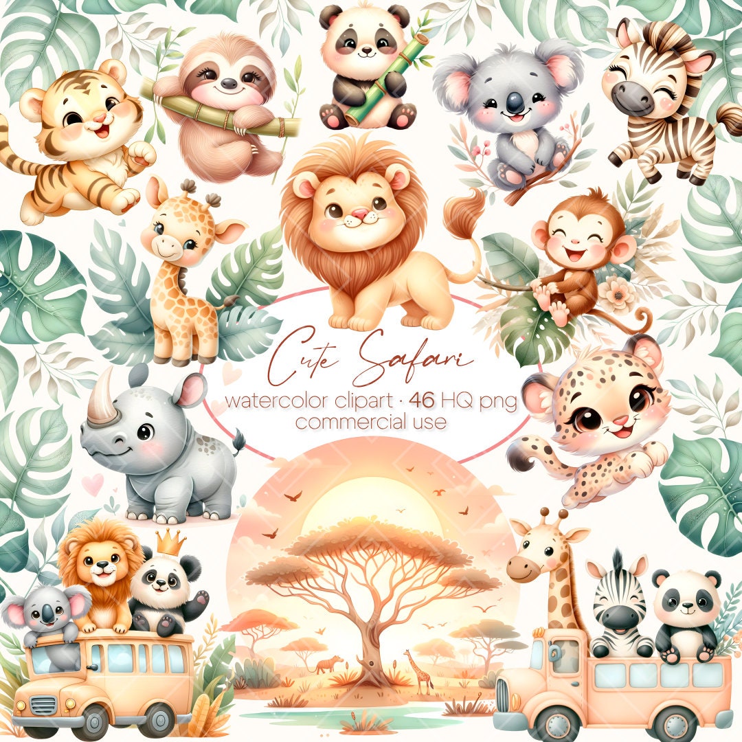 Watercolor Safari Animals Clipart: 46 Jungle PNG Illustrations (digital ...