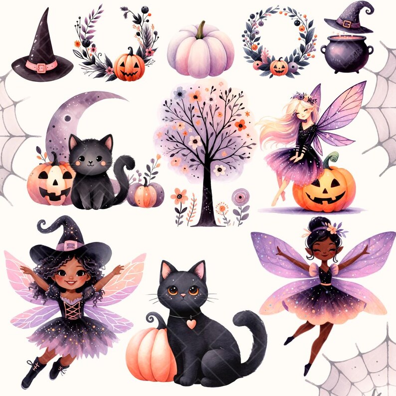 Halloween Fairy Watercolor Clipart: 38 PNG Illustrations (digital ...