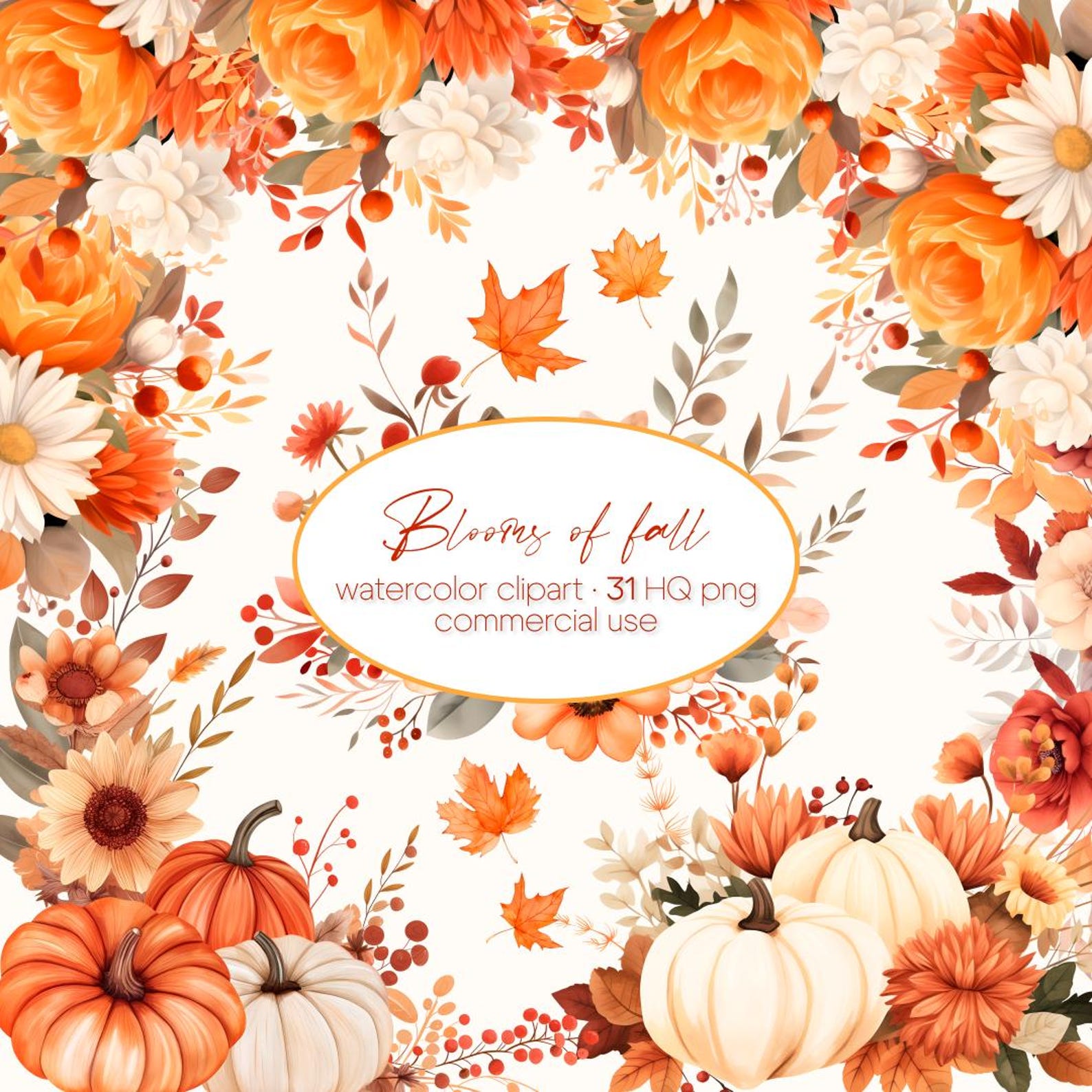 Watercolor Autumn Clipart, Pumpkins and Flowers, Autumn Bouquets ...