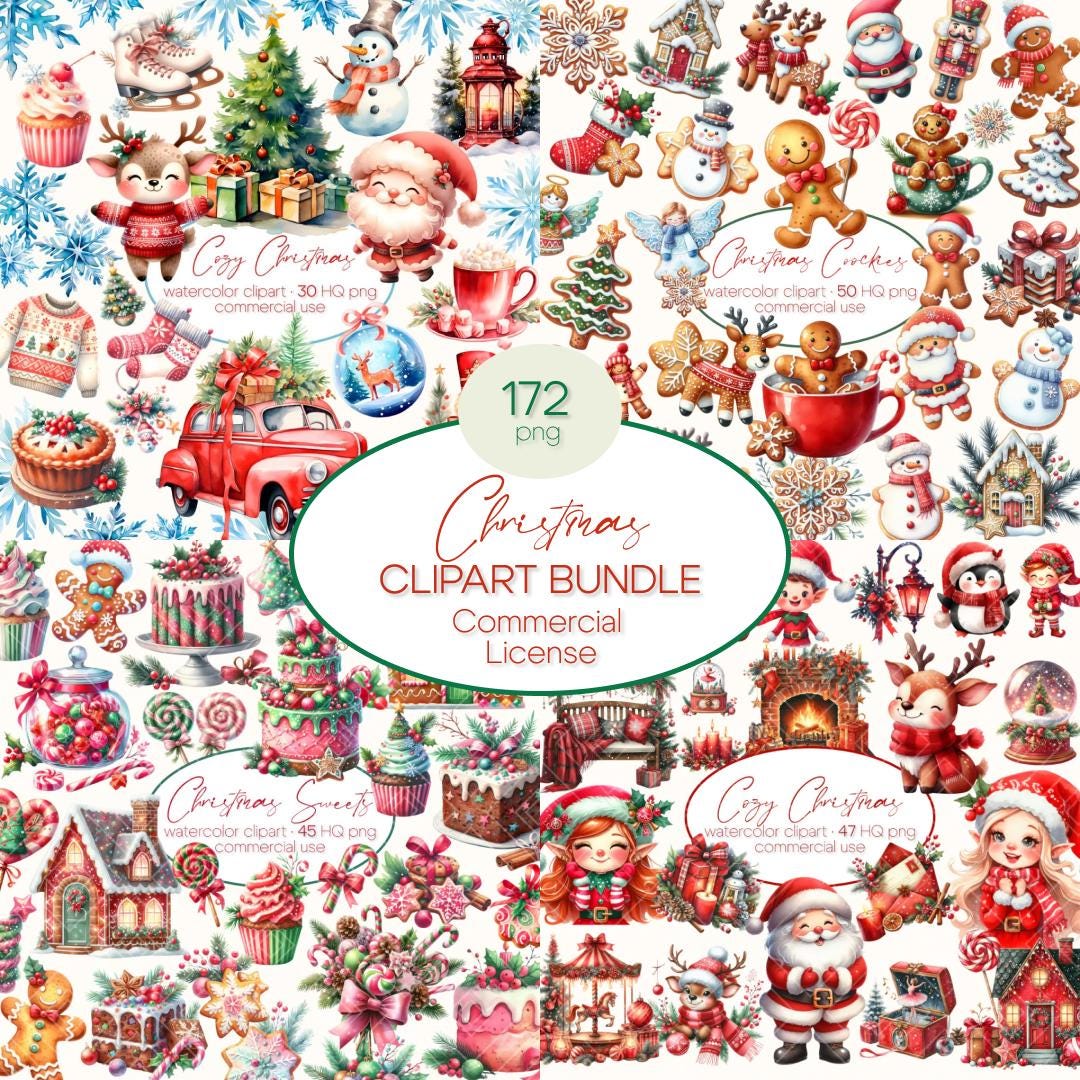 Cute Christmas Clipart Bundle, Cute Santa Clipart, Festive Clipart ...