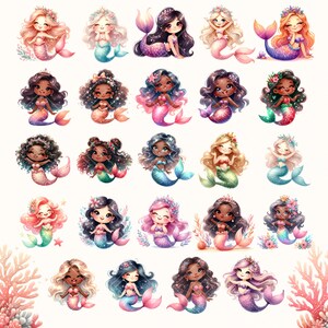Mermaid Clipart Bundle, Watercolor Cute Mermaid Clipart Png, Cute Sea ...