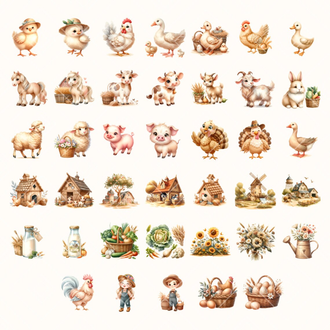 Cute Farm Clipart, Farm Animals Watercolor, Farm Baby Animals, Farm ...