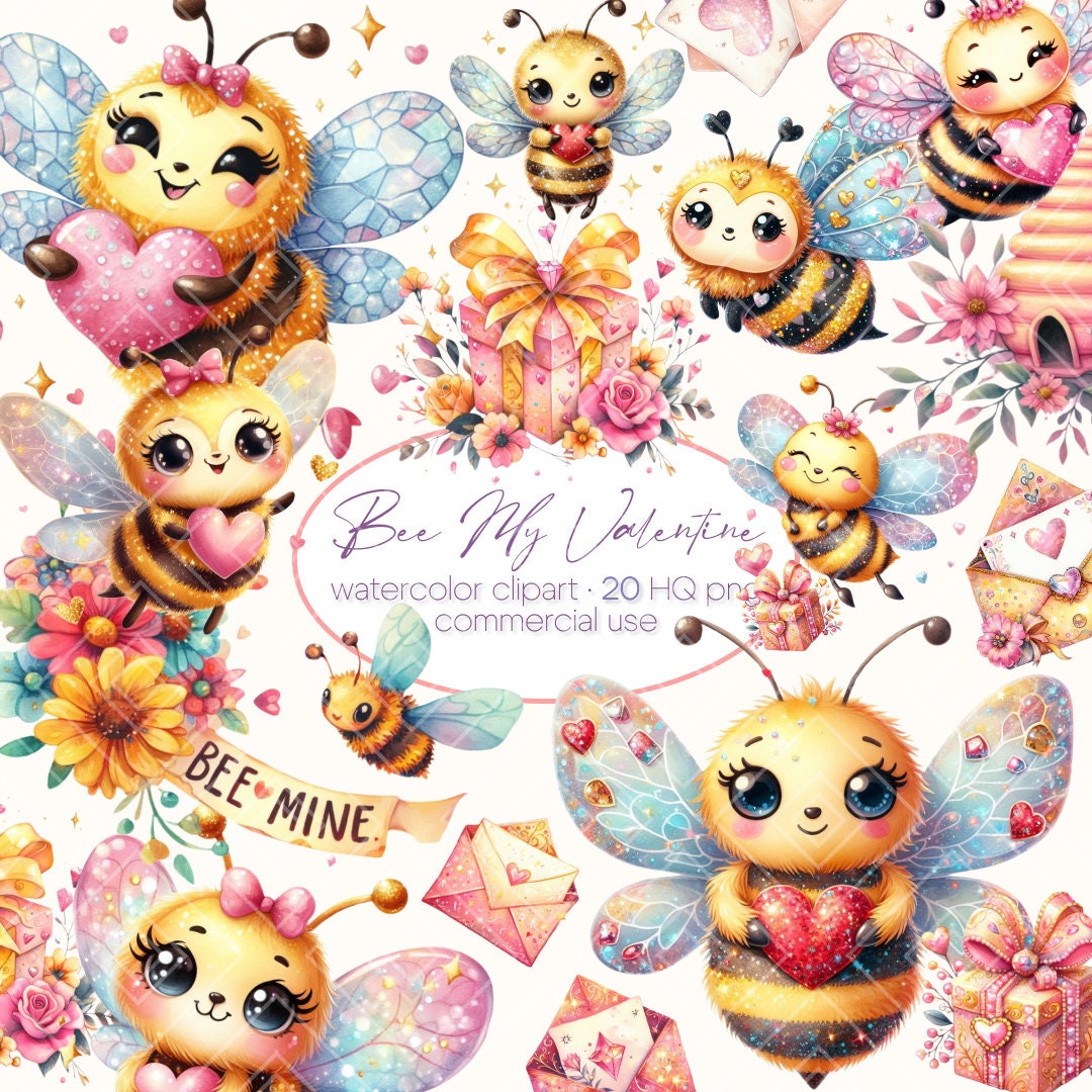 Watercolor Happy Valentines Day Clipart, Bee My Valentine Clipart ...