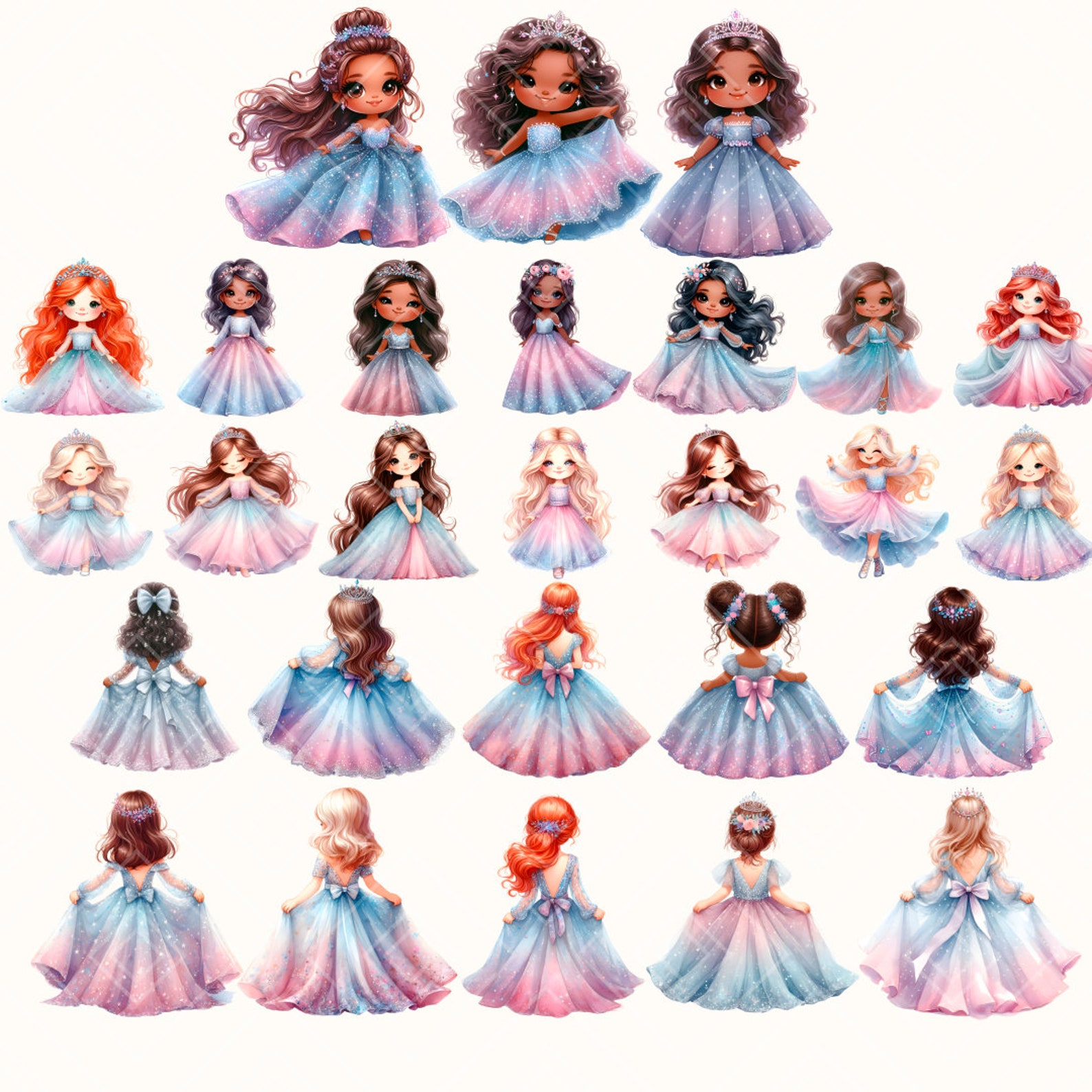 Watercolor Blue Princess Clipart, Little Princess Clipart, Fairytale ...