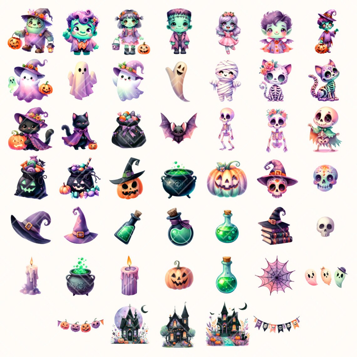 Cute Halloween Watercolor Clipart Bundle, Pumpkin Clipart, Halloween ...