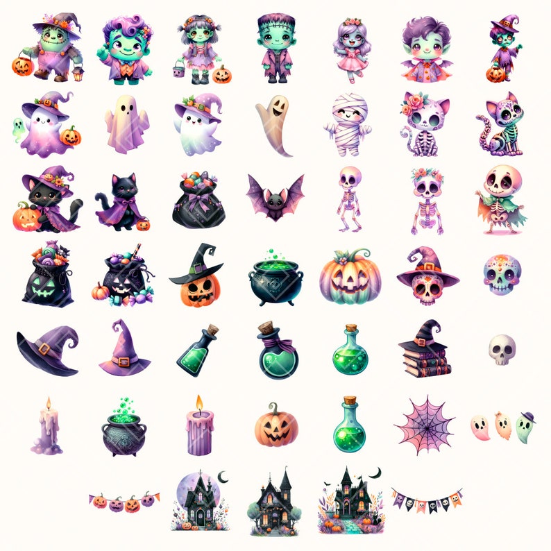 Cute Halloween Watercolor Clipart Bundle, Pumpkin Clipart, Halloween ...
