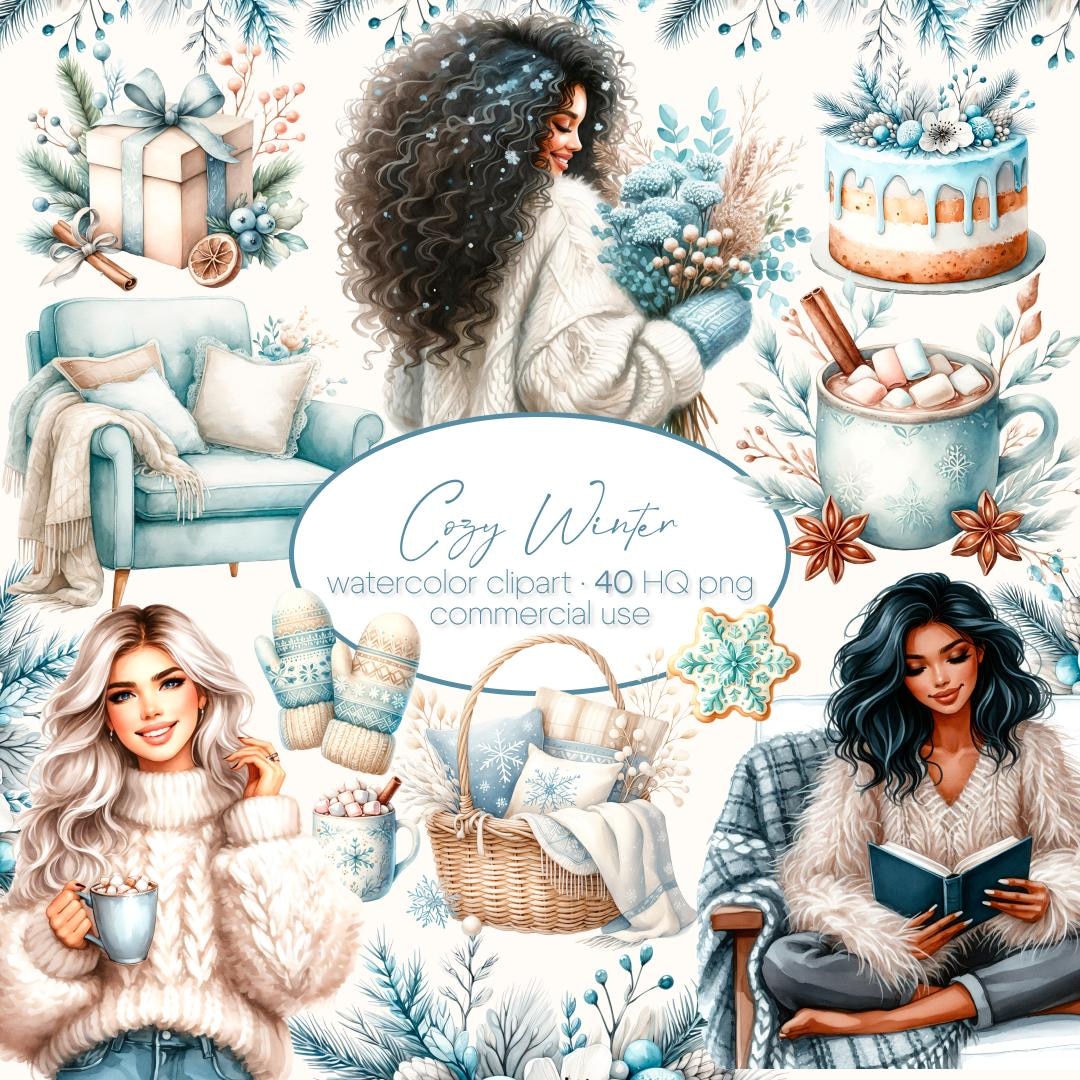 Hello Winter Watercolor Clipart, Blue Christmas Clipart Bundle, Cozy ...