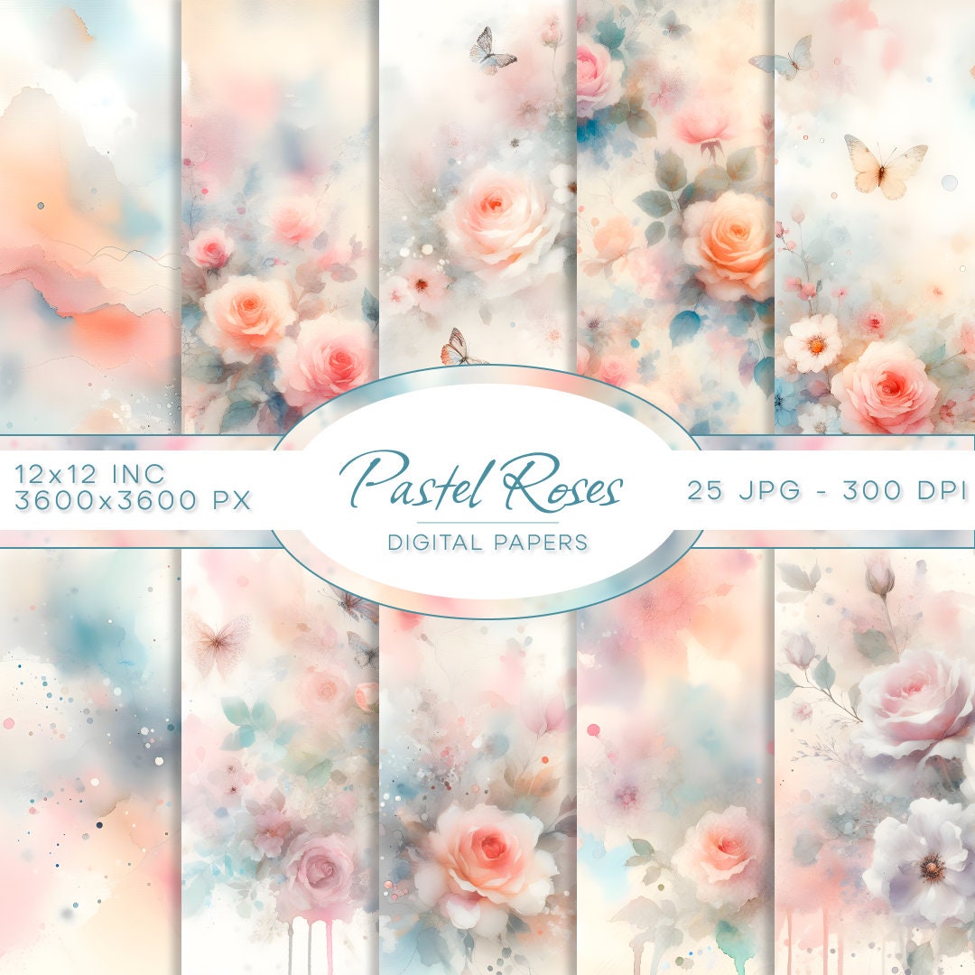 Pastel Floral Watercolor Digital Paper, Wedding Scrapbook Digital Paper ...