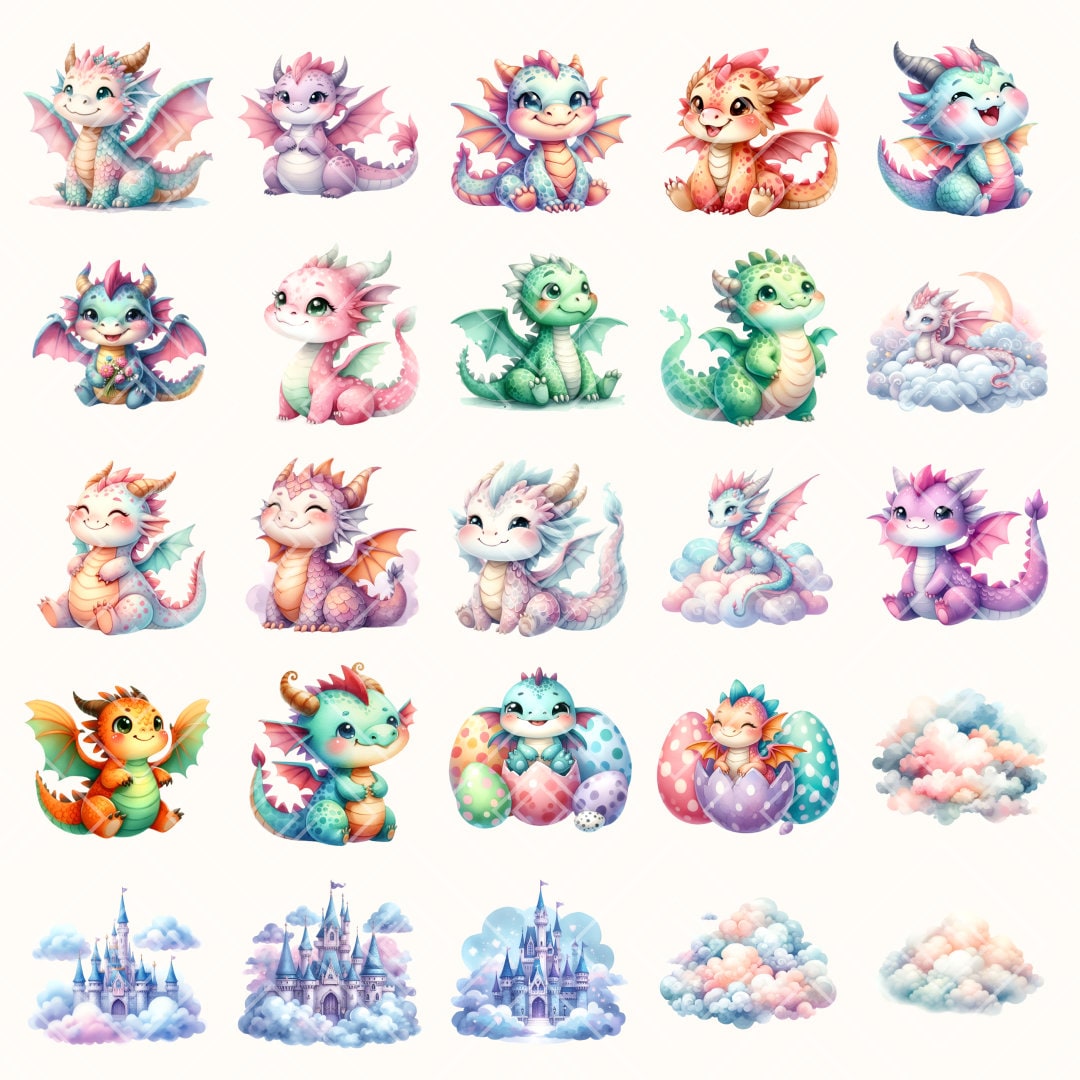 Watercolor Dragon Clipart, Cute Dragon Clipart, Dragon Kingdom, Pastel ...