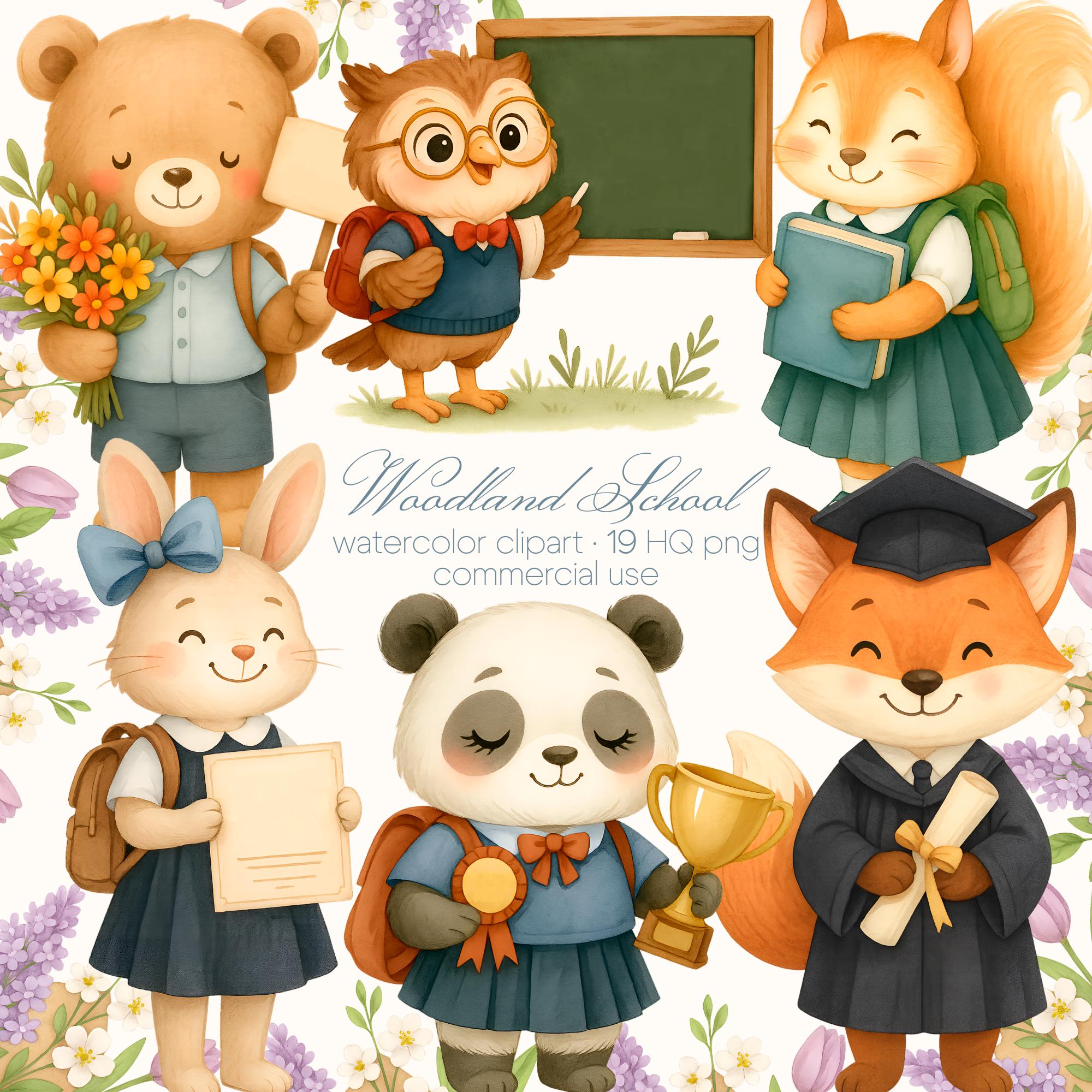School Animals Clipart: Watercolor Student PNG Set (digital Download ...