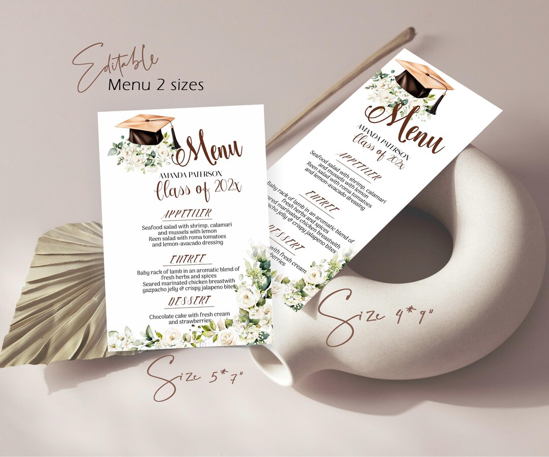 Graduation Menu Card, Class of 20026, Table Decor, Modern Floral Card ...