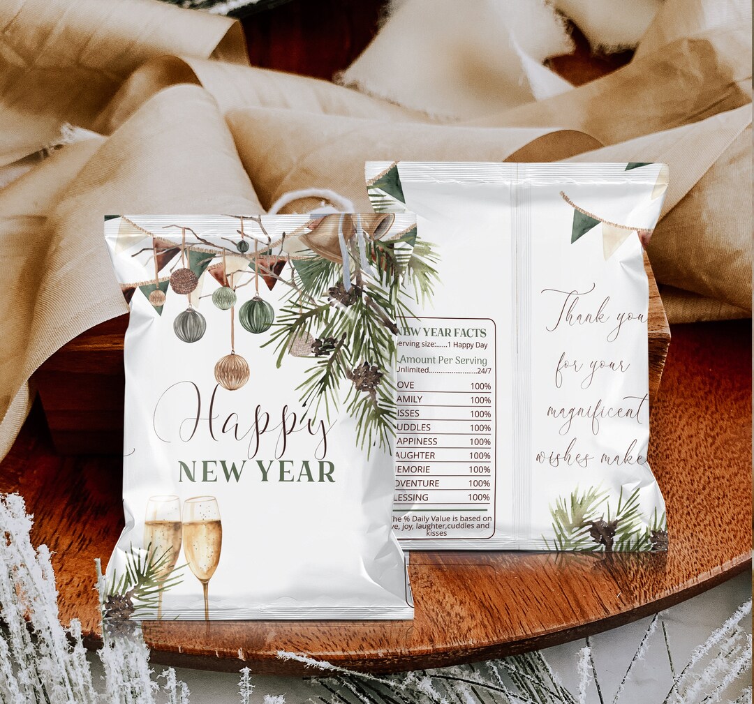 Happy New Year Party Favor Chip Bag Label, Editable New Year Chip Bag ...