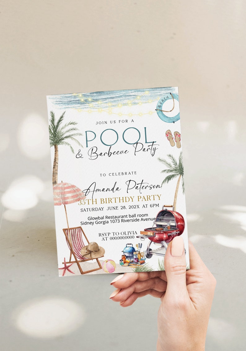 Pool and BBQ Party Invitation, Editable Birthday Invitation, Grill and ...