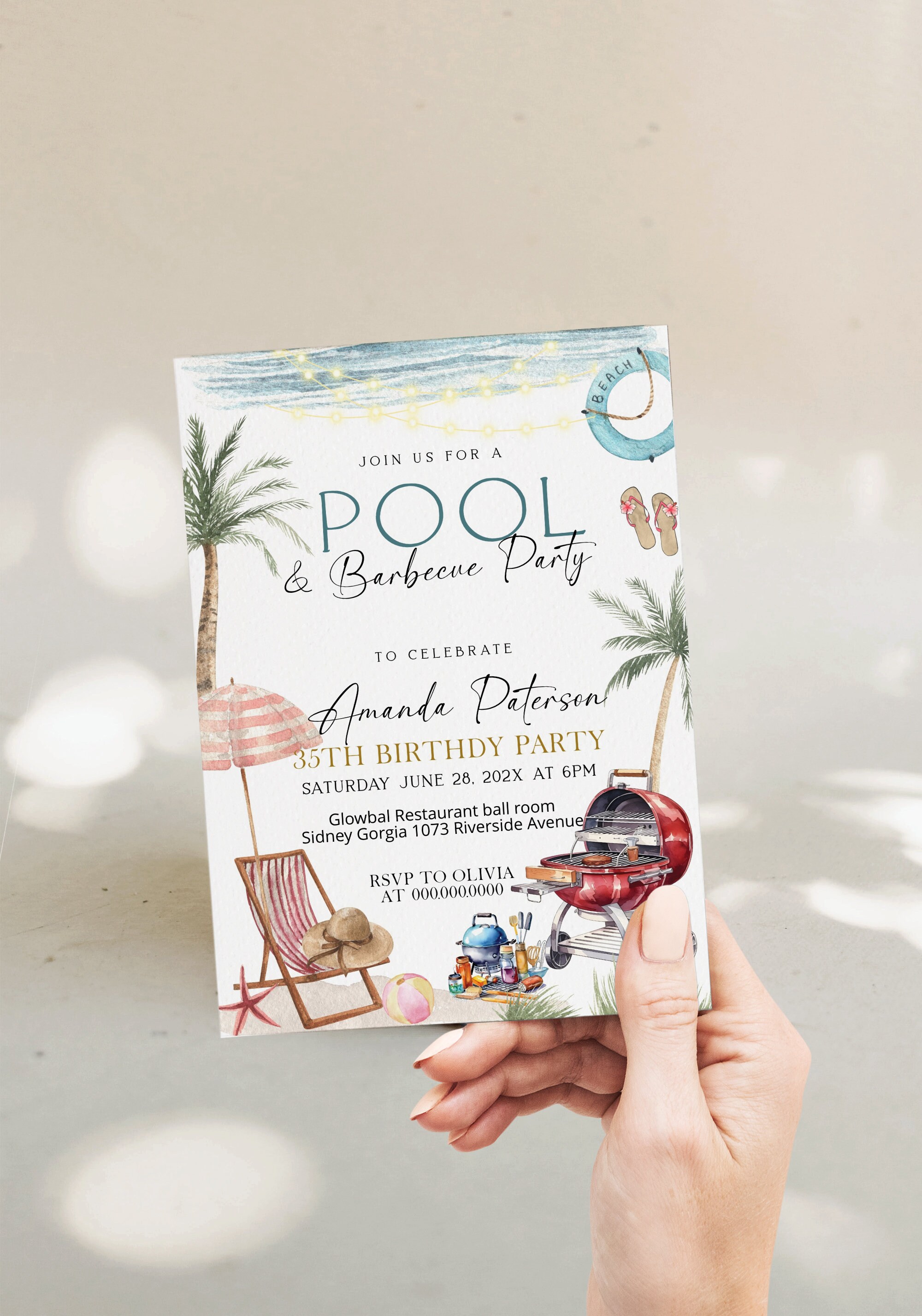 Pool and BBQ Party Invitation, Editable Birthday Invitation, Grill and ...