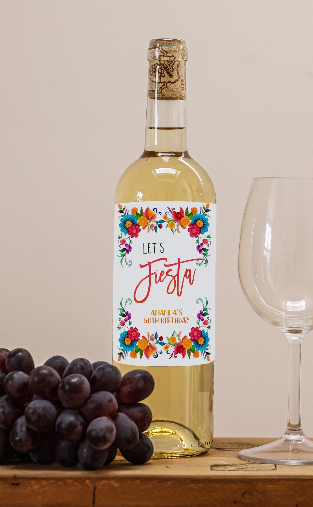 Let's Fiesta Wine Label Template, Colorful Floral Wine Bottle Label ...