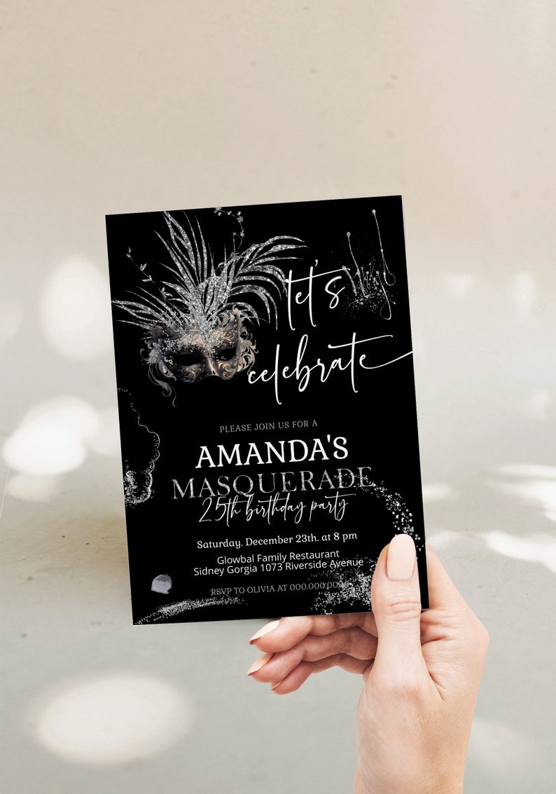 Black Silver Mask Birthday Invitation, Masquerade Theme Party Invite ...
