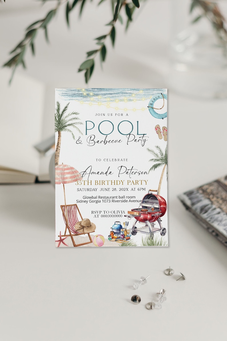 Pool and BBQ Party Invitation, Editable Birthday Invitation, Grill and ...