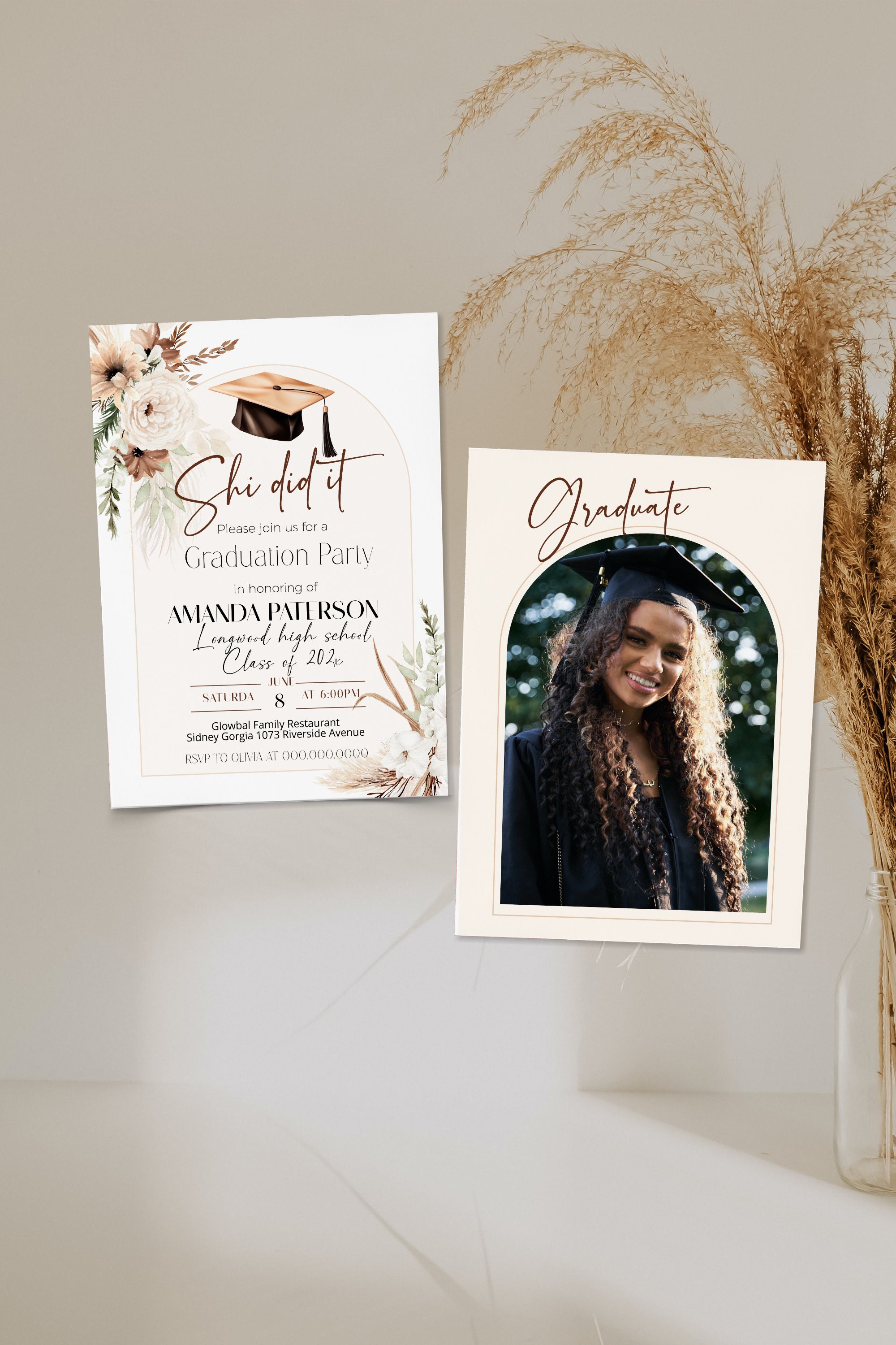 She Did It Graduation Invitation, Boho Graduation Party Invite Template ...
