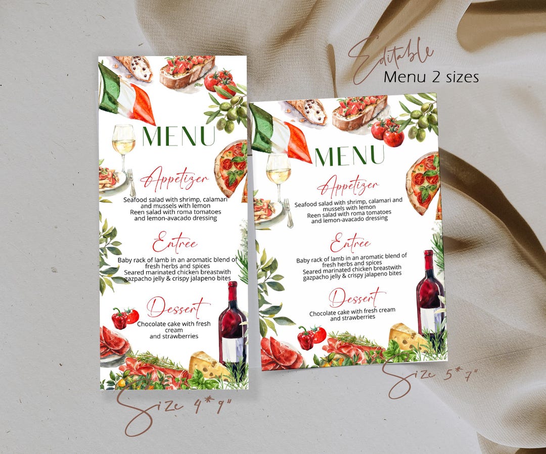 Italian Theme Menu Card Template, Pizza Party Menu, Editable Menu Card ...