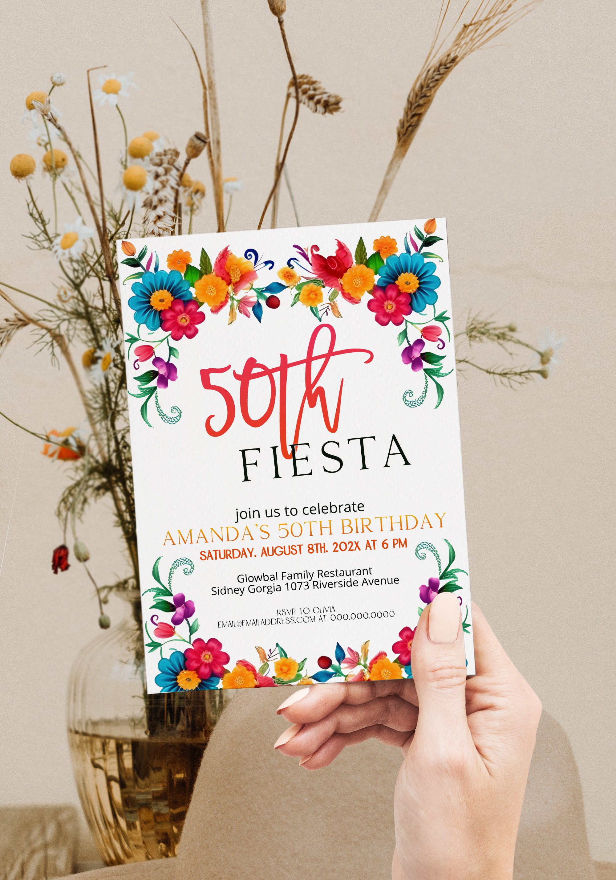 Fiesta 50th Birthday Invite Template, Floral Fiesta Party Invitation ...