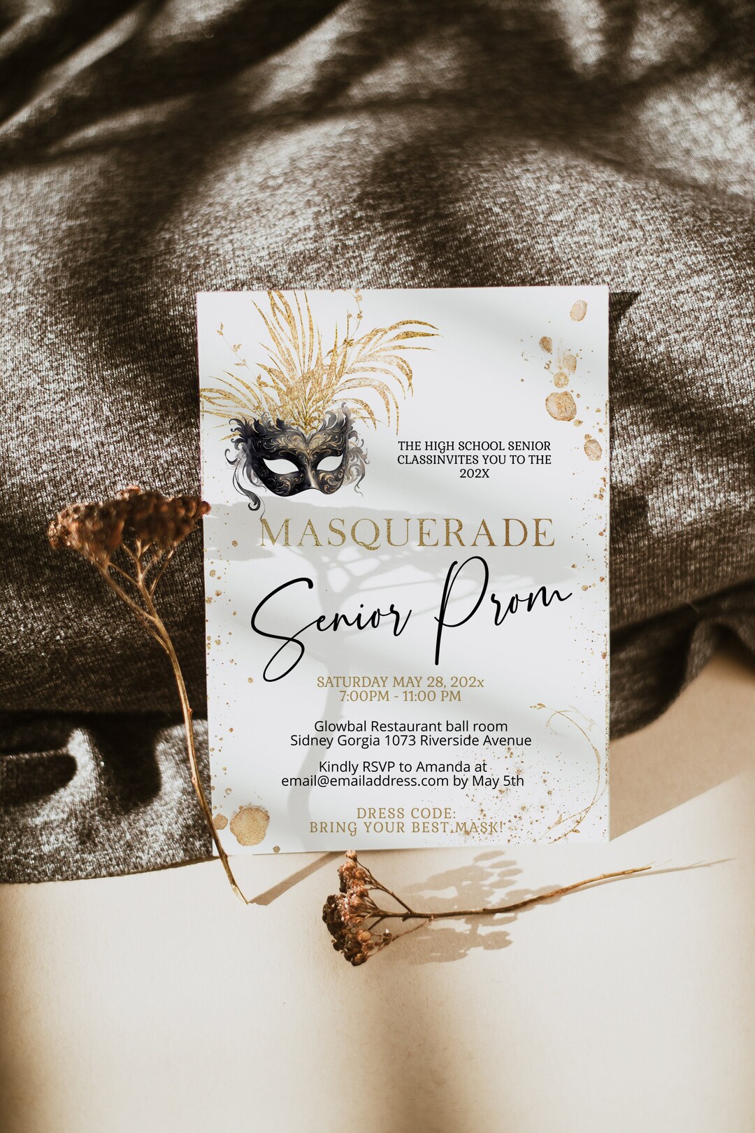 Senior Prom Invite, Masquerade Prom Invitation Template, Editable ...