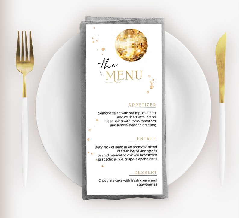 Gold Disco Ball Menu Card, Disco Paarty Menu Card, Birthday Celebration ...