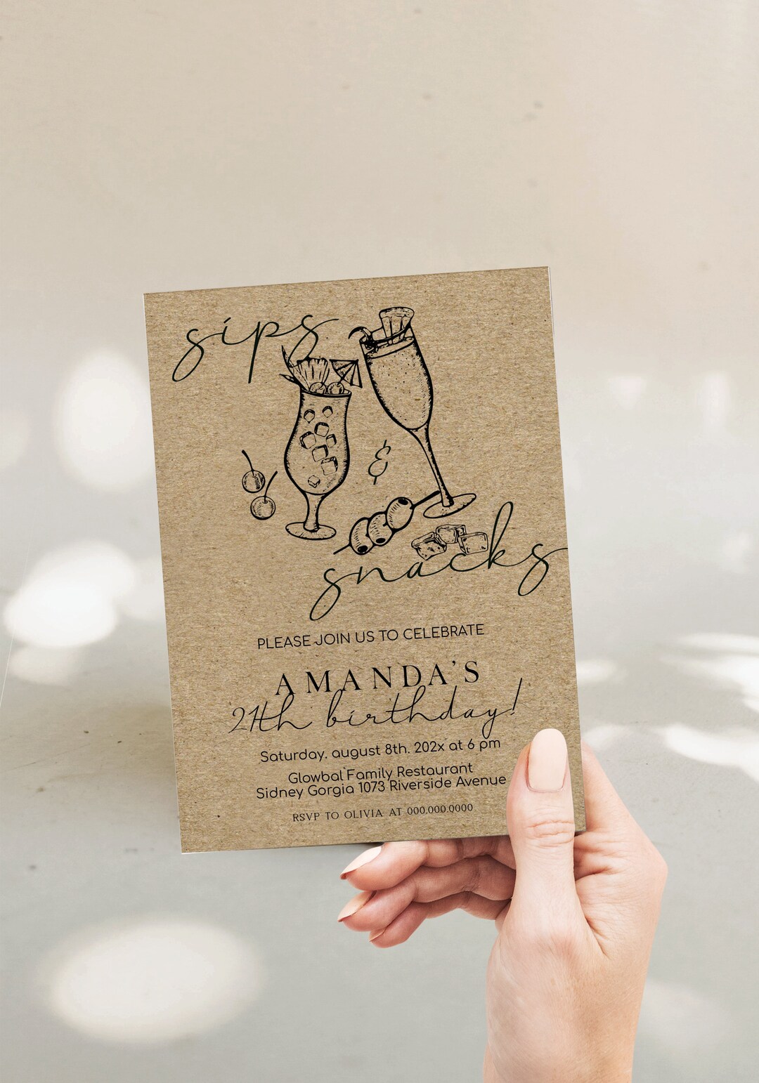 Sips & Snacks Invitation Template, Cheers to 21 Years, Kraft Paper 21th ...