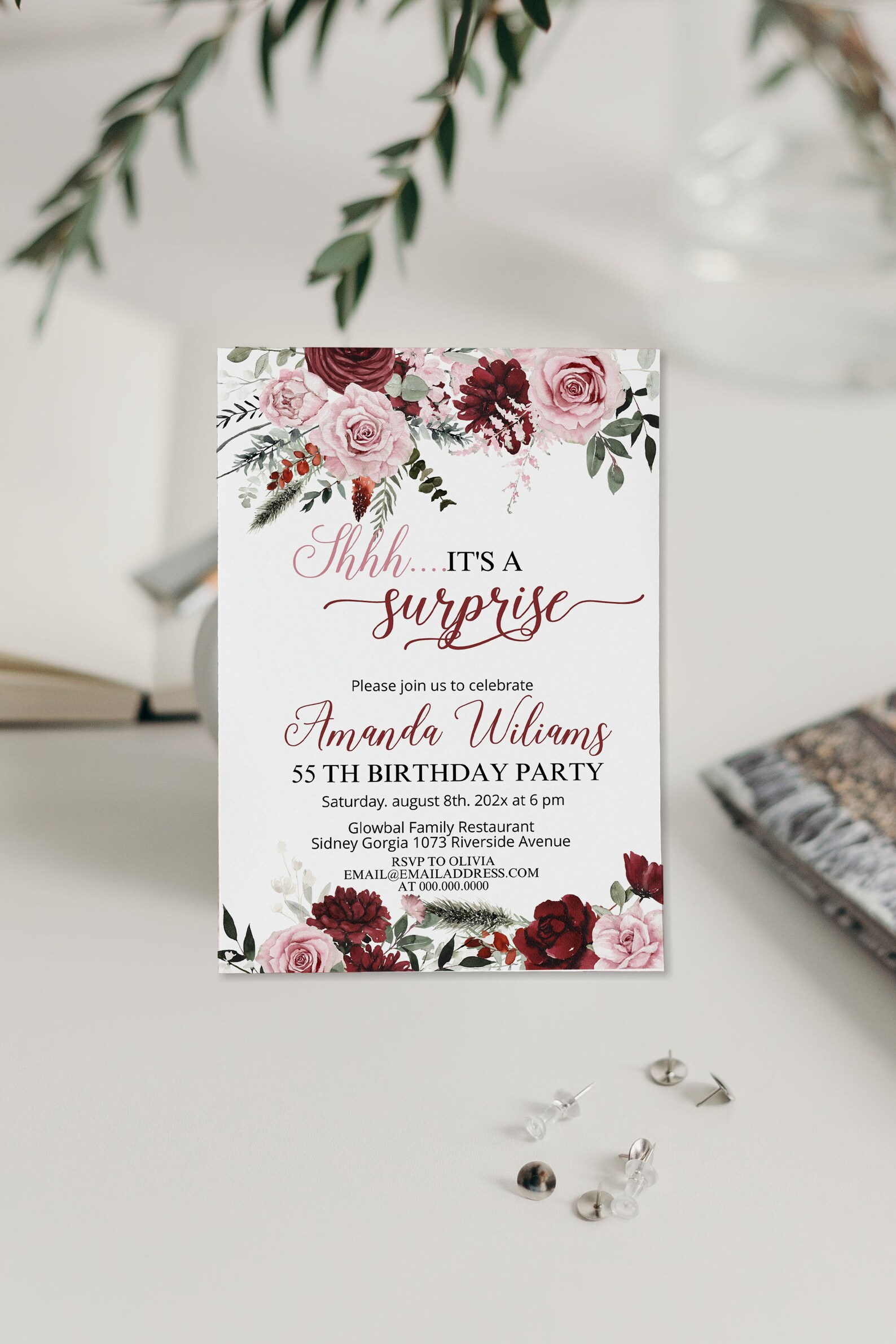 Shhh It's a Surprise Birthday Invitation for Women, Burgundy and Pink ...