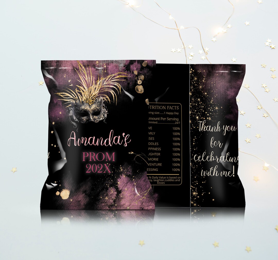 Prom Masquerade Chip Bag, Editable Chip Bag, Graduation School Chip Bag ...
