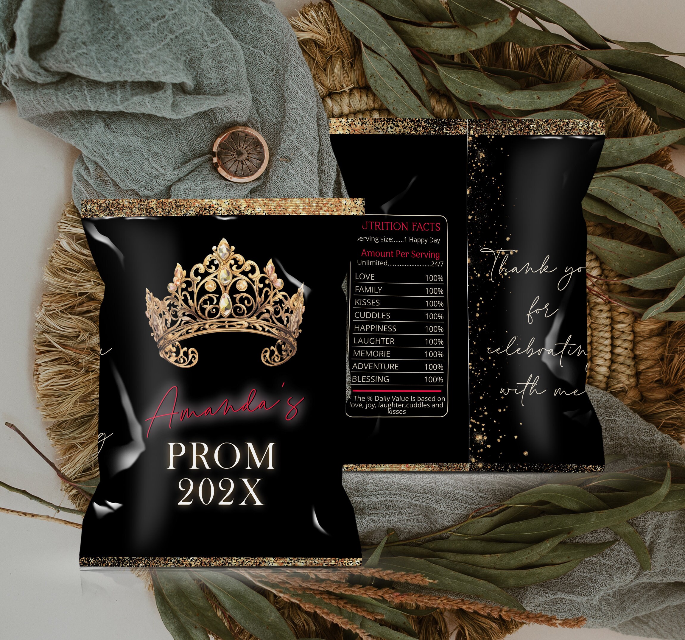 Prom Chip Bag, Printable Black Gold Prom Party Chip, Editable Custom ...