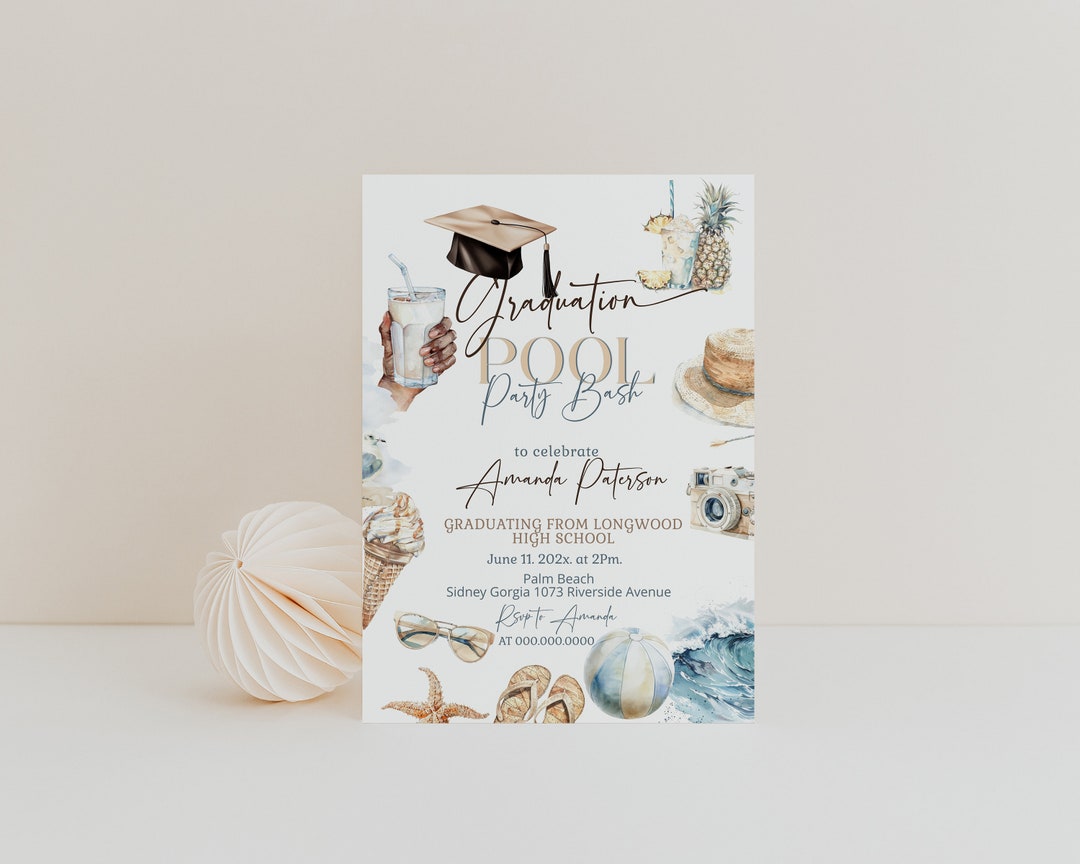 Graduation Pool Party Invitation Template, Editable College Grad Pool ...