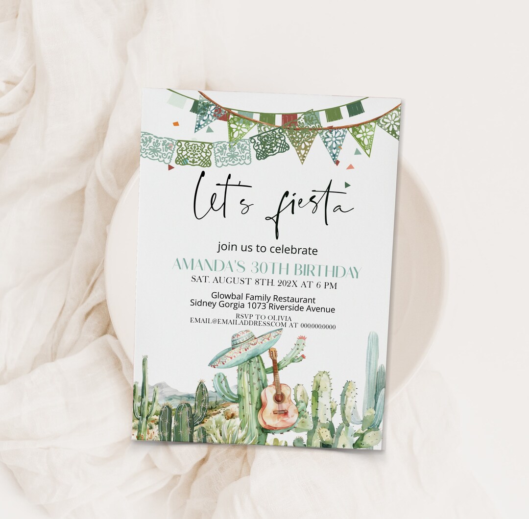 Lets Fiesta Birthday Invite Template, Fiesta Party Invite, Cactus ...
