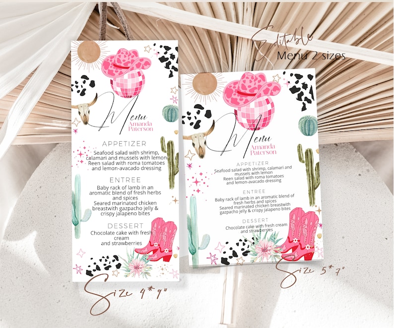 Disco Cowgirl Menu Card, Pink Space Cowgirl Menu Card, Editable Western ...