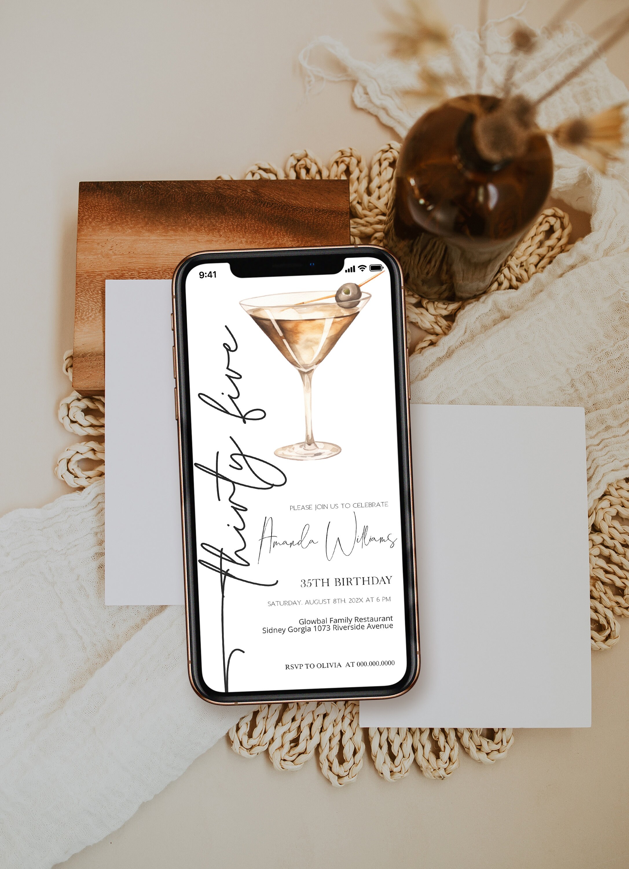 Birthday Electronic Invitation, Cocktail Party, Martini Olive, Digital ...
