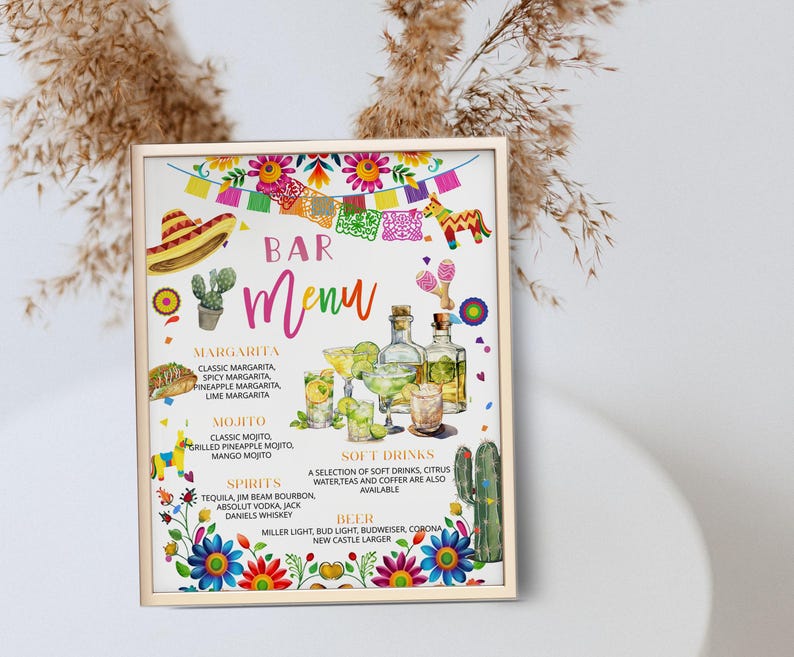 Fiesta Party Bar Menu Sign Template, Colorful Floral Menu Sign, Mexican ...