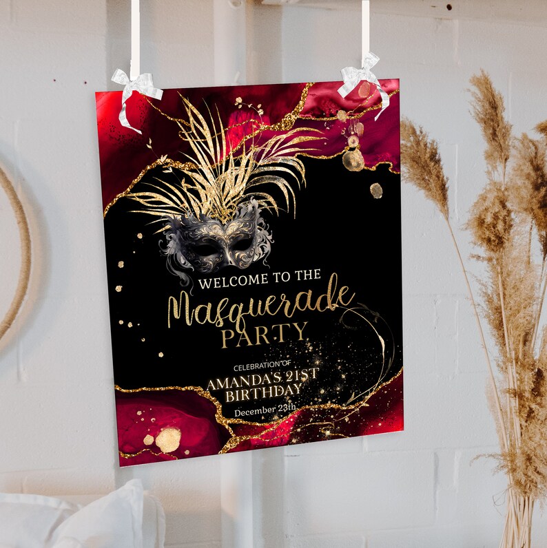 Masquerade Birthday Welcome Poster, Red and Black Welcome Sign Template ...