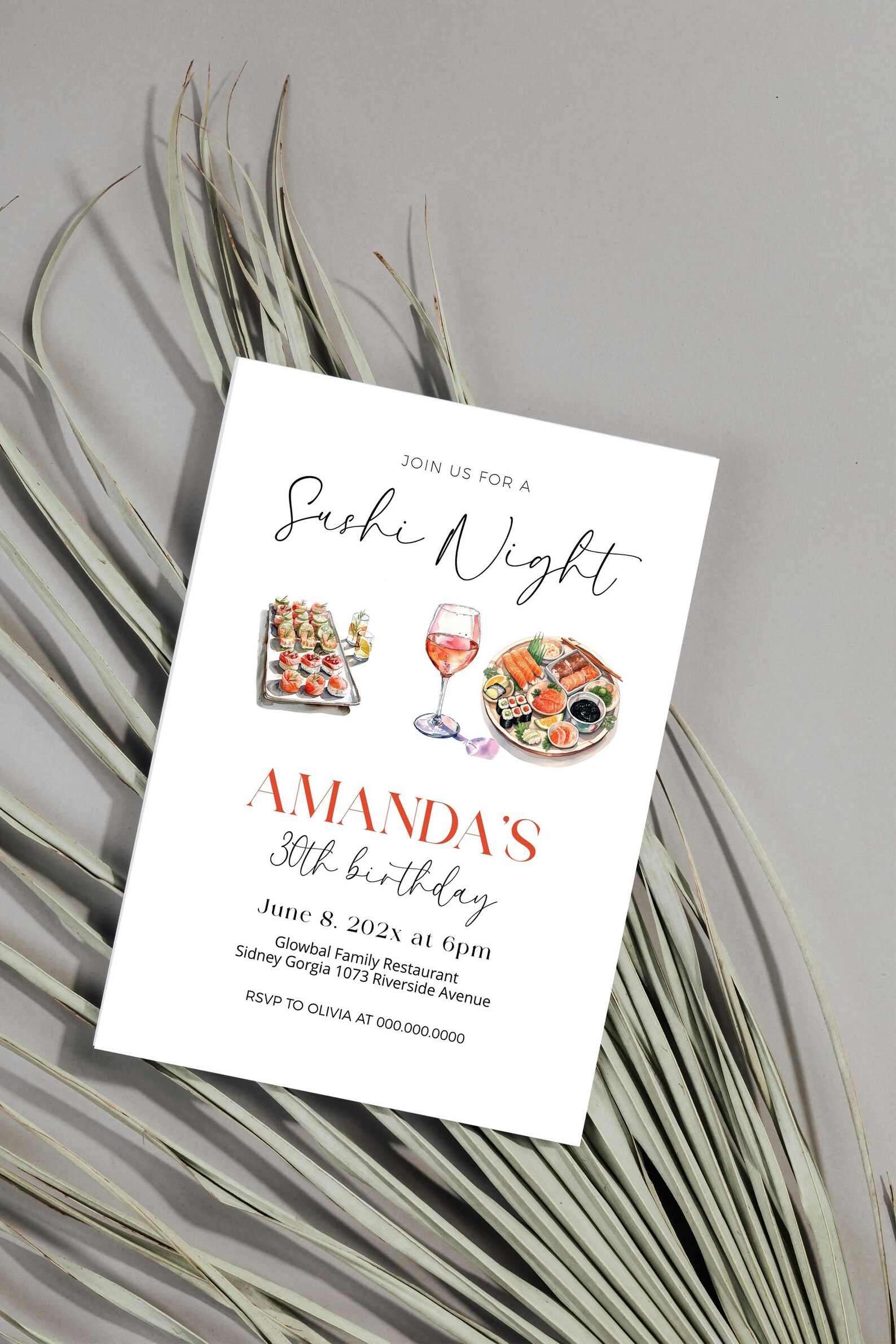 Sushi Night Birthday Invitation Template, Wine and Sushi Invite ...