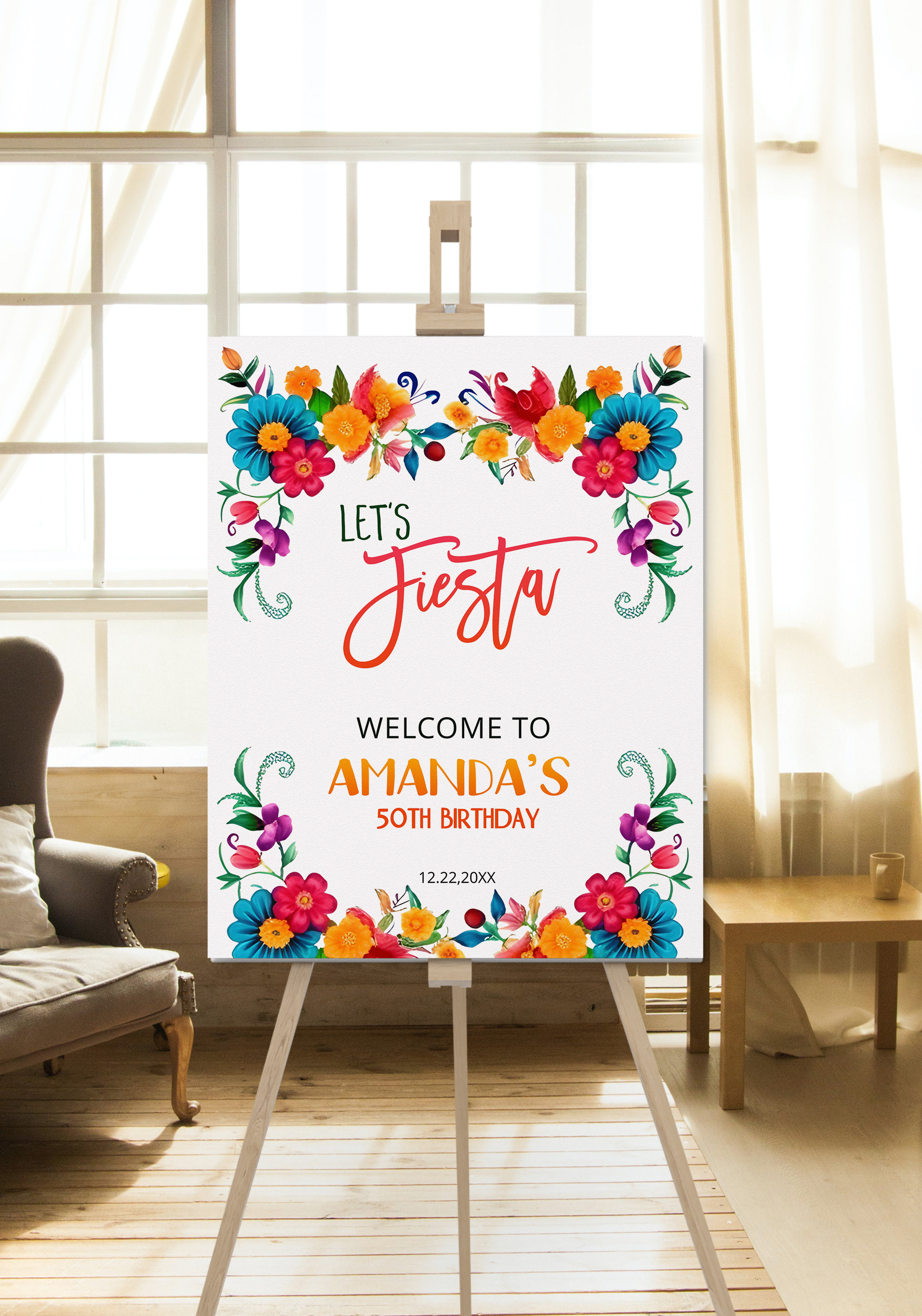 Lets Fiesta Birthday Welcome Sign, Floral Fiesta Birthday Welcome Sign ...