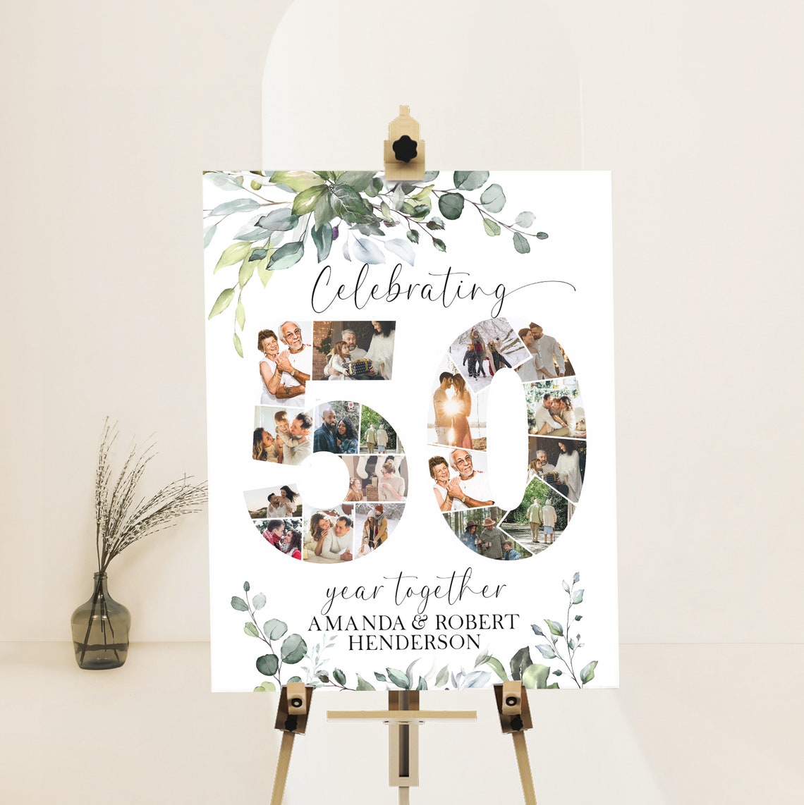 50th Anniversary Photo Collage, Greenery Photo Collage Template ...