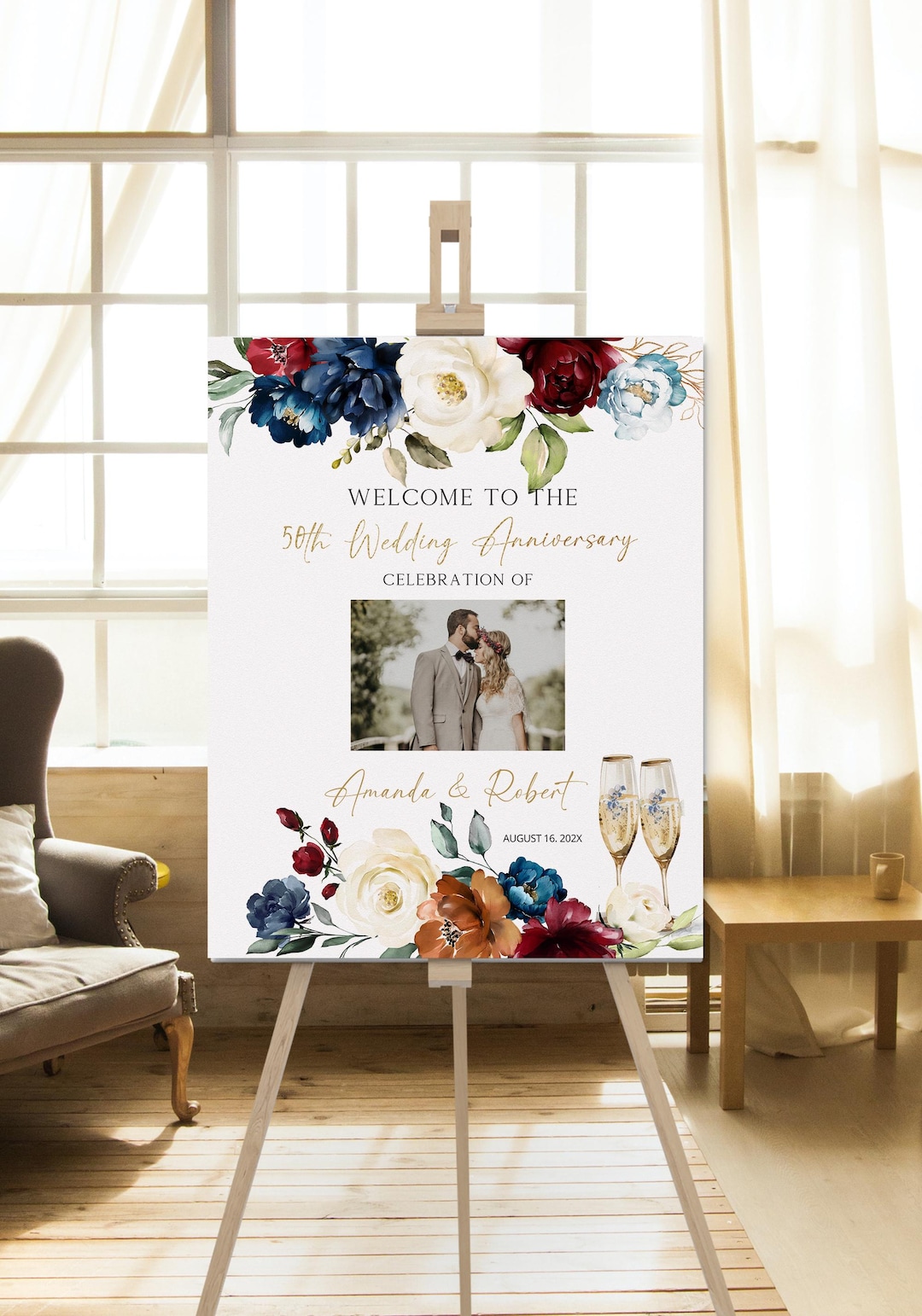 Floral 50th Anniversary Welcom Sign Template, Wedding Anniversary Sign ...