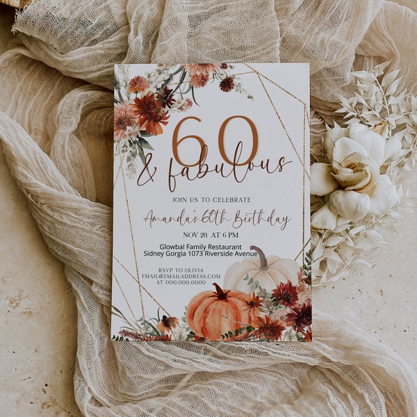 60th Birthday Invitation for Women, Editable Boho Floral Birthday ...