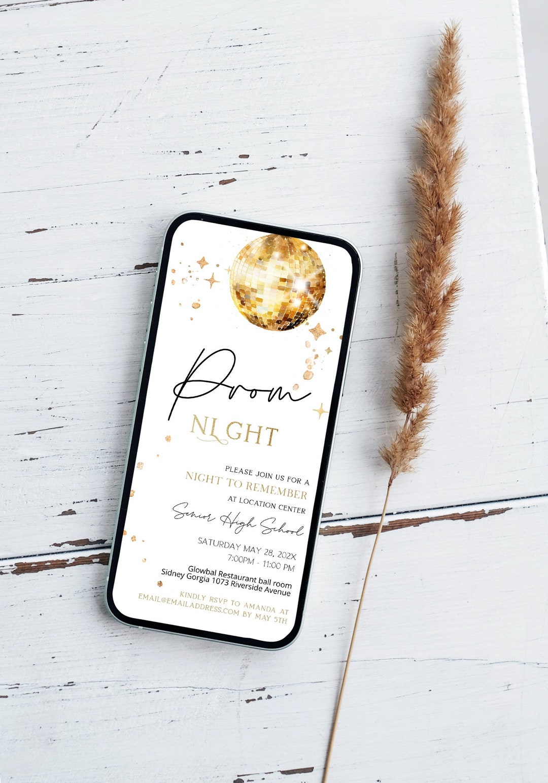 Gold Disco Ball Prom Party Invite, Prom Night Envite Template, Disco ...