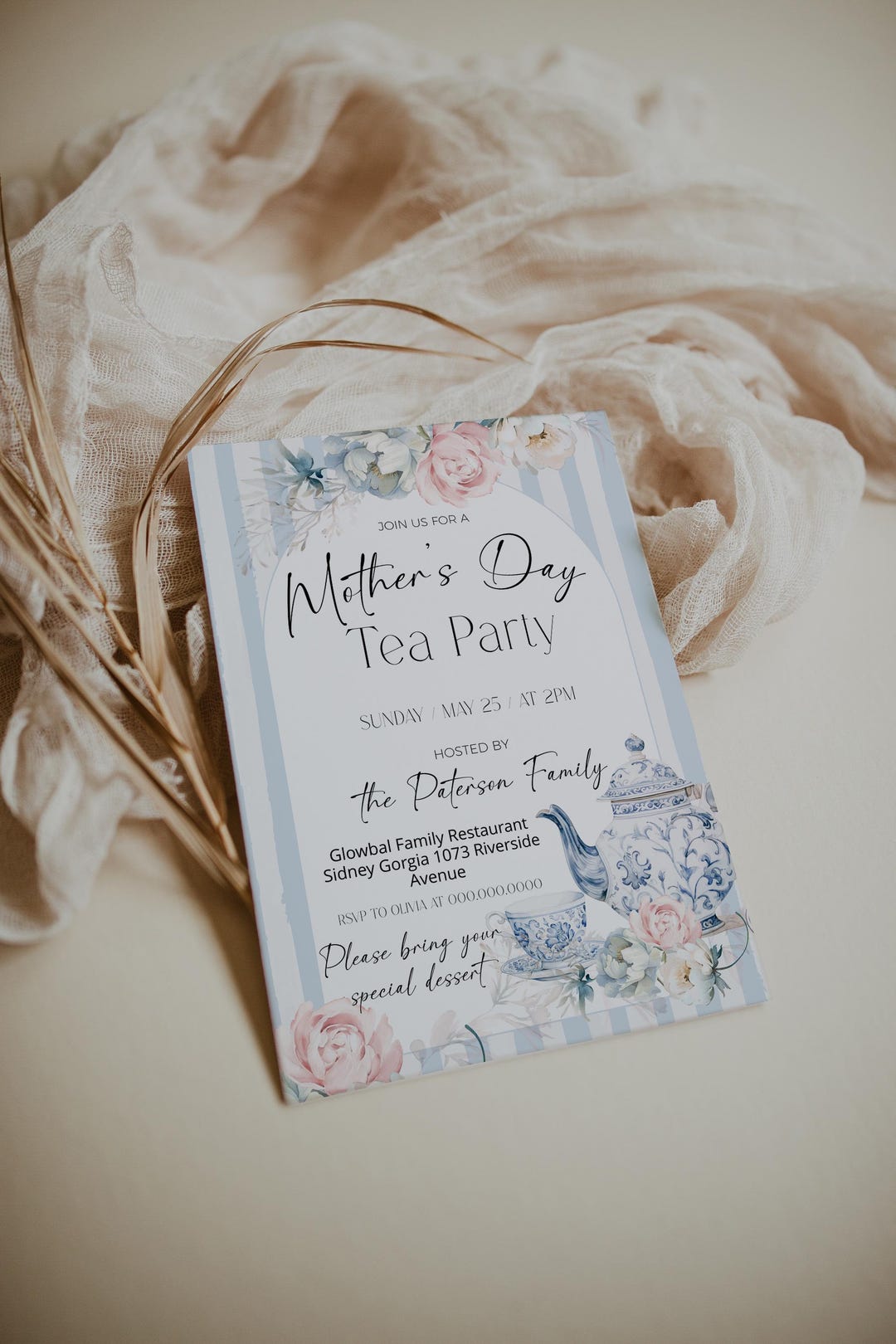 Mothers Day Tea Invitation Template, Editable Brunch for Mom, Blush Tea ...