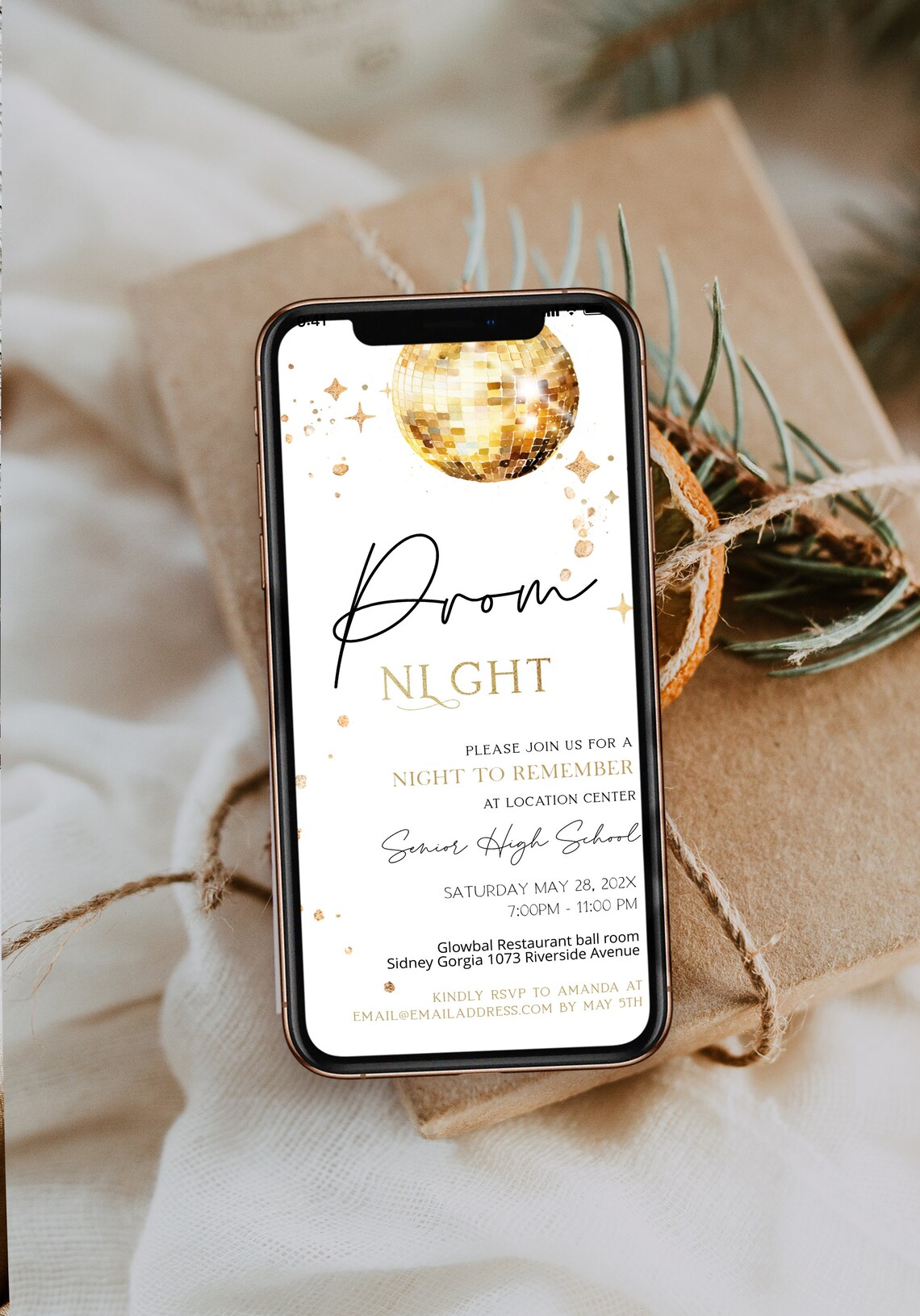 Gold Disco Ball Prom Party Invite, Prom Night Envite Template, Disco ...