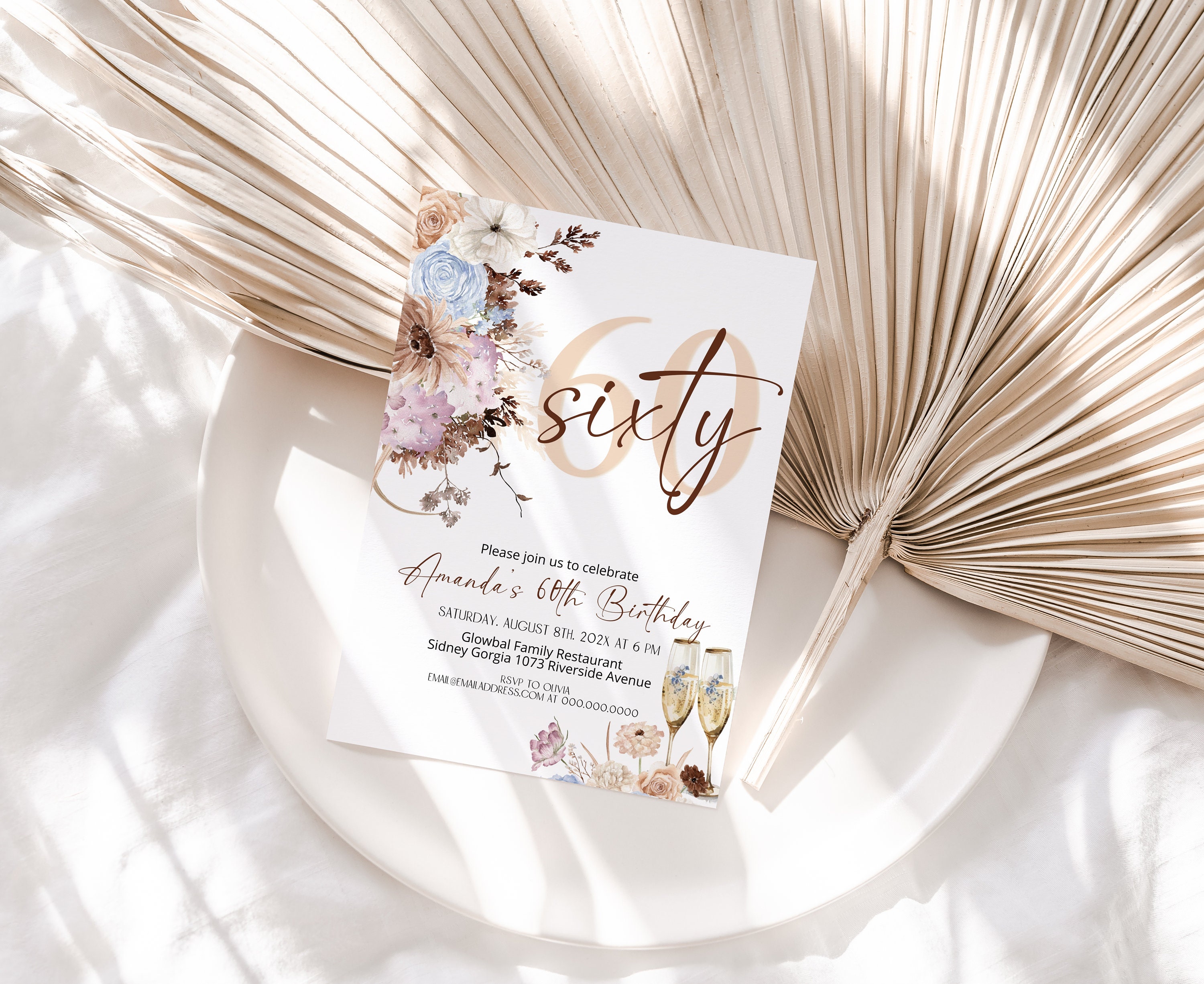 60th Birthday Invitation for Women, Editable Boho Floral Birthday ...